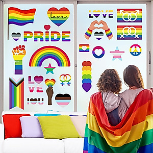 Mfault Gay Pride LGBTQ Rainbow Window Clings 4 Sheets, Progress Pride Flag Equality Diversity Love Hearts Stickers Decals Decorations, Lesbian Pansexual Bisexual Pride Month Home Kitchen Decor