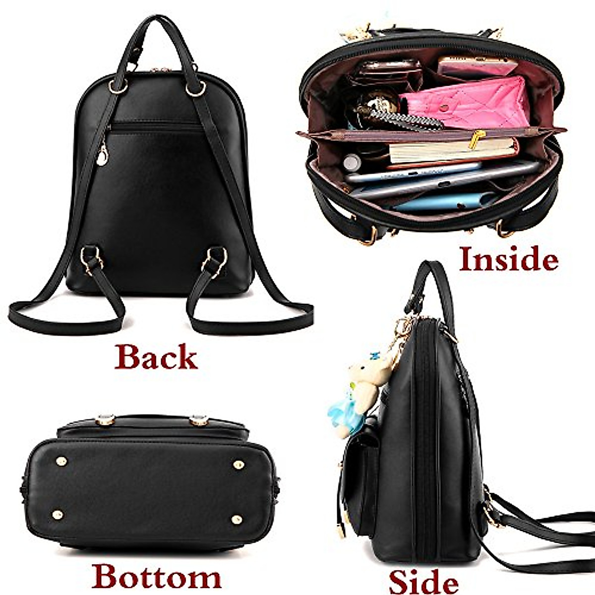 FiveloveTwo Fashion Backpack Rucksack PU Leather Women Girls Backpack Purse Shoulder Hobo Bag Satchels Top-Handle Bags Black