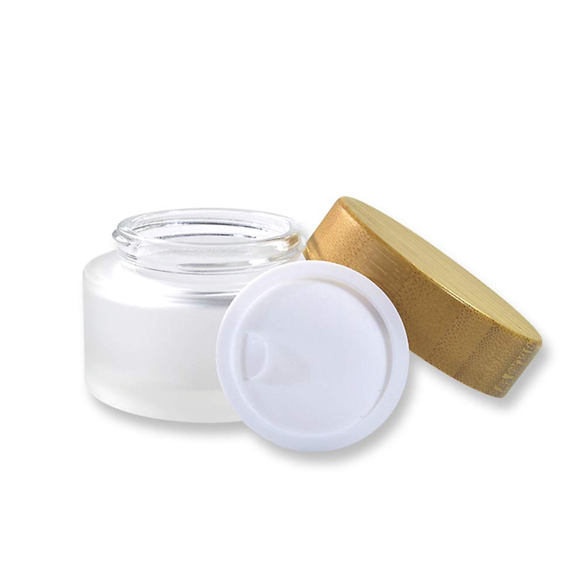 Frosted Glass Cream Jars,2 Pack 100ml/3.4oz,Natural Bamboo lids Empty Refillable Cosmetic Container Bottles Glass Cosmetic Sample Jars with lids for Face Cream Make Up Eye Shadow Travel