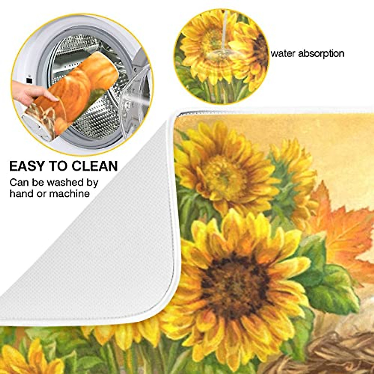 Fall Sunflowers Pumpkin Bird Dish Drying Mat, Drying Mat For Kitchen Counter, Absorbent Polyester Material, Heat-resistant Drying Mat 16 In x 18 In
