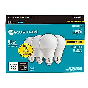 Ecosmart LED 60-Watt Equivalent A19 Dimmable Energy Star LED Light Bulb Bright White (3000K)(16-Pack)
