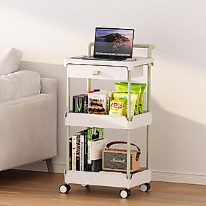 TOOLF Rolling Storage Cart with Drawer, 3 Tier Rolling Utility Cart with Tabletop, Rolling Cart Organizer for Teacher Craft Baby Nursery, Utility Cart for Kitchen Bathroom Bedside Office