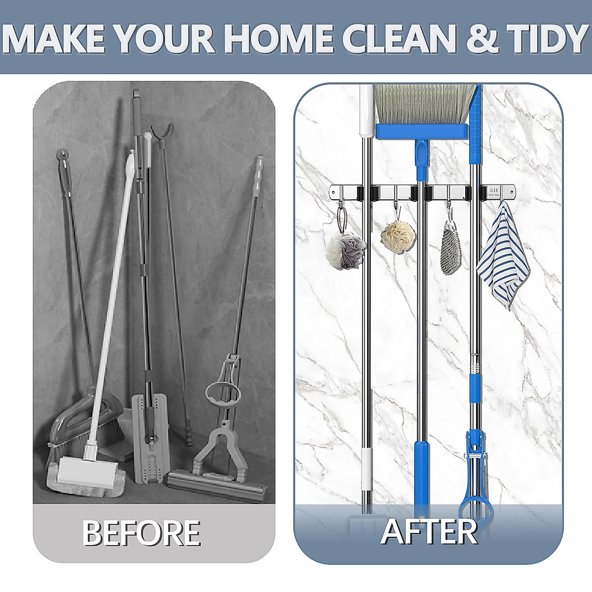 3-H 2 Pack Broom Hanger Wall Mount,Broom Holder Stainless Steel,Broom Holder Wall Mount Self Adhesive,Broom Organizer Storage Tool Racks for Home Kitchen Garden Laundry Garage(Silver)