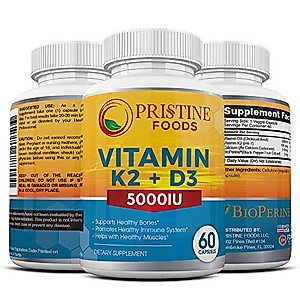Pristine Foods Vitamin K2 (MK7) with D3 Ultra Premium 2 in 1 Support Complex with BioPerine (Black Pepper) | 60 Veggie Capsules | 5000 IU D3 Cholecalciferol, 100mcg K2 | Heart, Bone and Immune Health