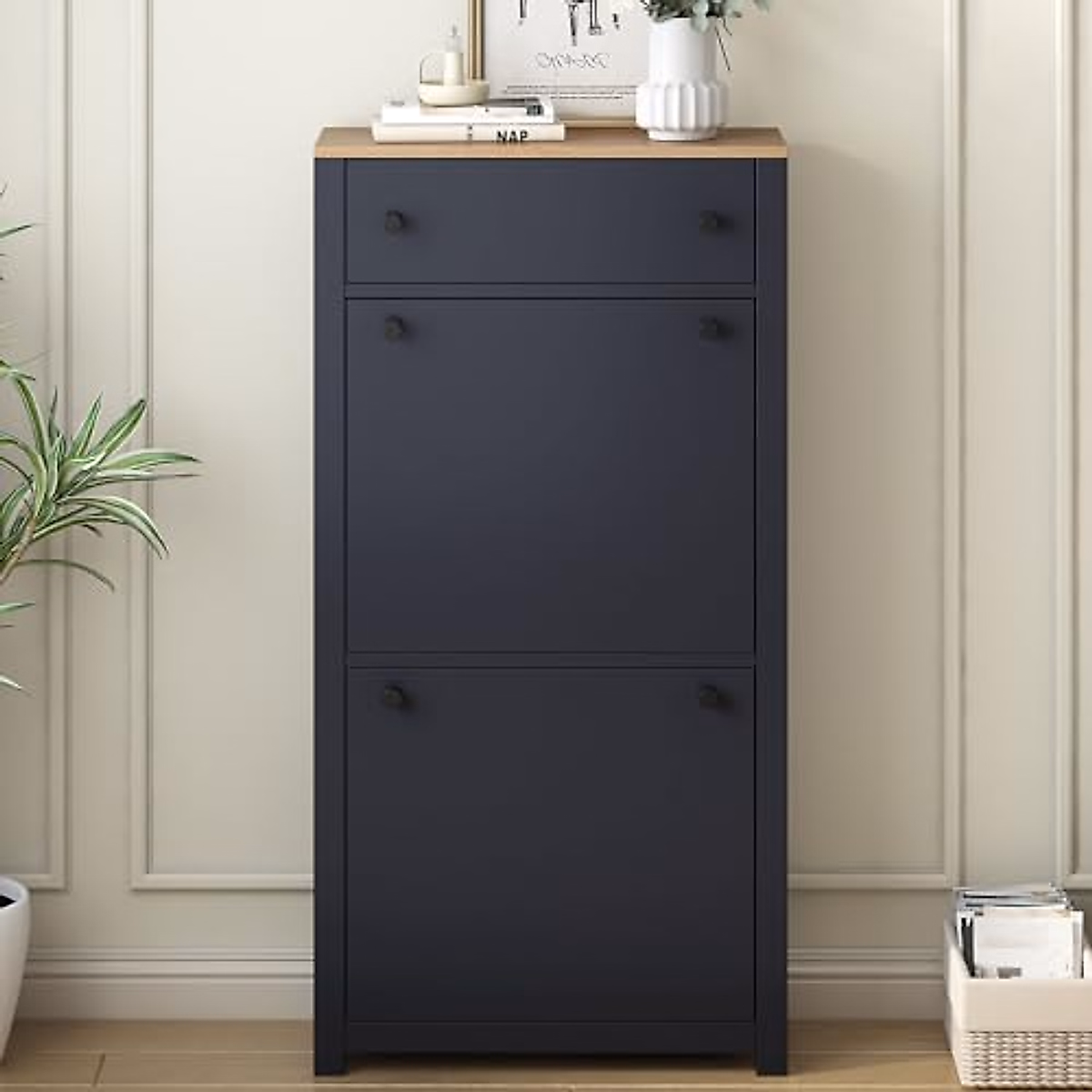 Shoe Storage Cabinet with 2 Flip Drawers, Narrow Shoe Cabinet for Entryway Slim with Wood Grain Top, Wall Hidden Shoe Organizer Cabinet with Adjustable Shelves for Entryway, Hallway, Black