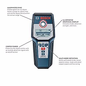 BOSCH GMS 120 Wall Scanner with Modes for Wood, Metal, and Live Wiring, Includes 9V Battery, Hand Strap, & Pouch