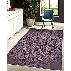 Lunarable Damask Decorative Rug, Antique Baroque Pattern Mild Gothic Victorian Style Repeated Curly Motifs, Quality Carpet for Bedroom Dorm and Living Room, 5' 1" X 7' 5", Plum Lilac