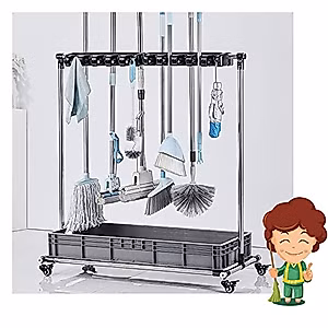 Movable Mop Broom Holder Utility Floor Standing Cleaning Tool Cart,Housekeeping Cart,Stainless Steel Mop Rack Umbrella Storage Stand ,with Universal Wheels,for Garden,Garage,Factories,Restaurant ( Siz