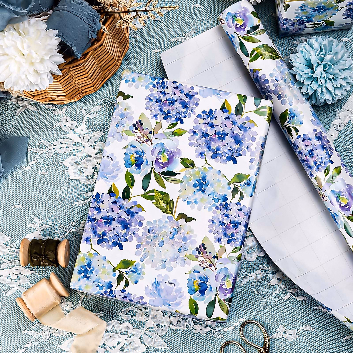 MIMUTI Floral Wrapping Paper- Wrapping paper Mini Roll - Purple Hydrangea Gift Wrapping Paper Design Perfect for Wedding, Birthday, Christmas, Baby Shower, Party, DIY Bouquet - 17 in x 33 ft