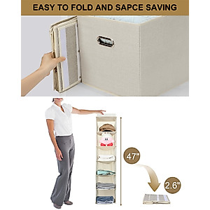 NEATJELAI Hanging Closet Organizer 6 Tier Hanging Shelf for Wardrobe Clothes Organization and Storage,Large Shoe Organizer Foldable Design, Beige
