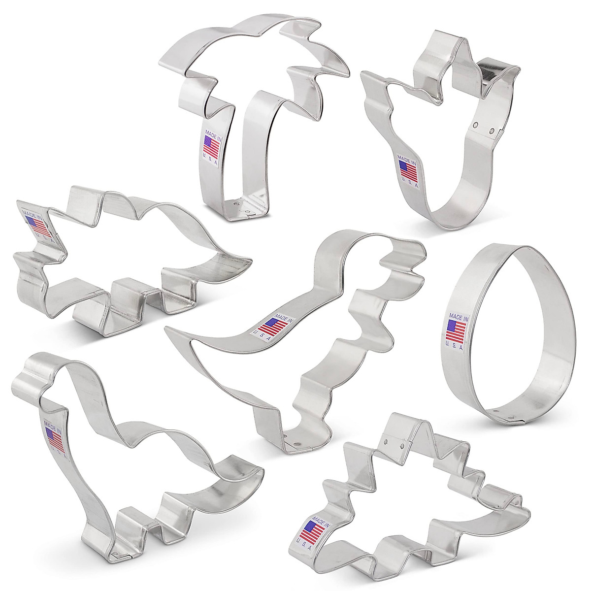 Dinosaur Cookie Cutters 7-Pc. Set Made in the USA by Ann Clark, T-Rex, Brontosaurus, Stegosaurus, Dino Foot, Egg and more