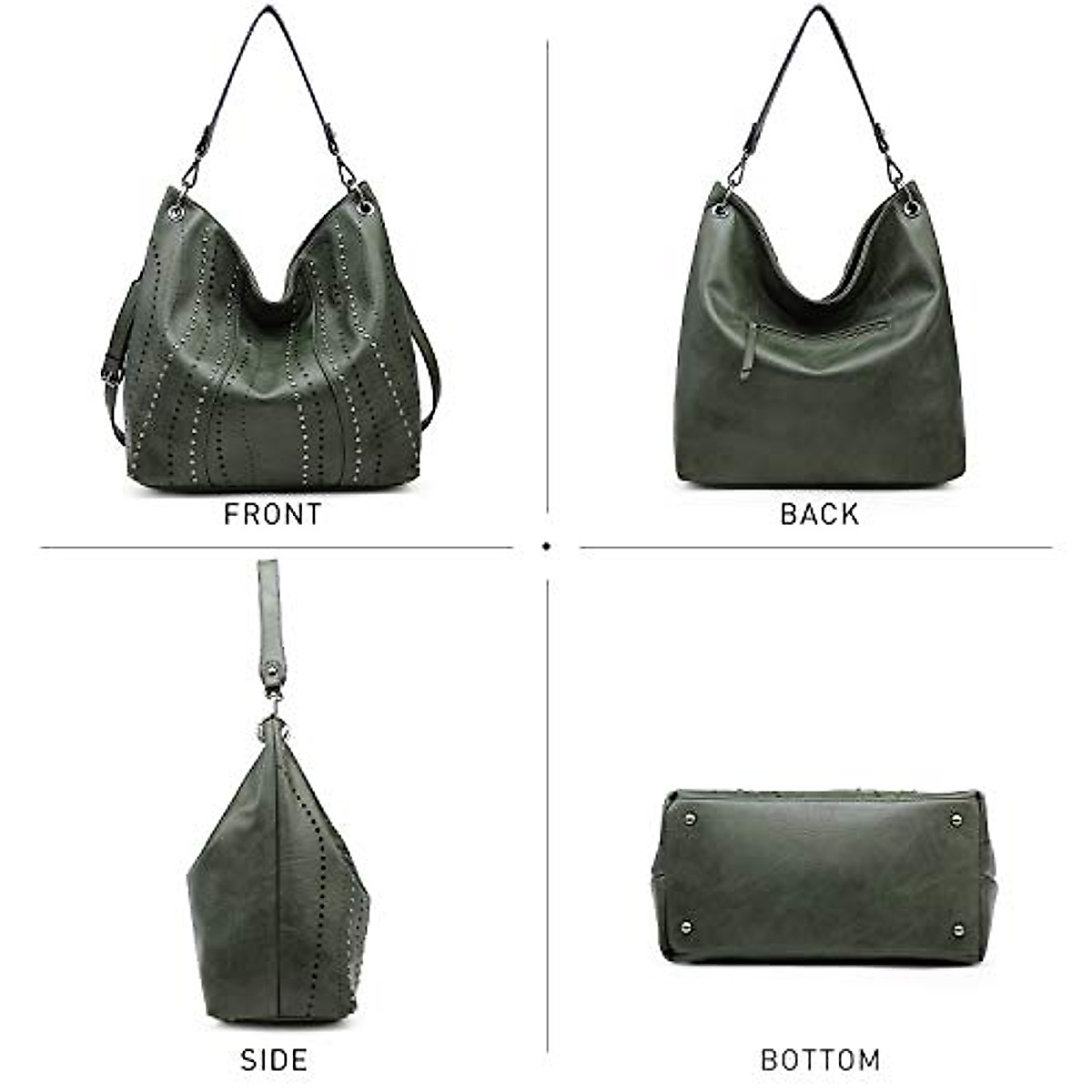 VONMAY Purses for Women Vegan Leather Handbags Large Ladies Studs Hobo Bags Tote Purse Bucket Shoulder Bag (Army green)