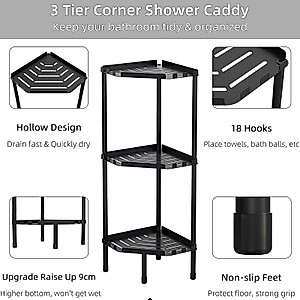 Corner Shower Caddy Standing, 3 Tier Shower Organizer Stand with 18 Hooks for Bathroom, Metal Corner Shower Shelf for Inside Shower, Bathtub, Floor Shower Shelves Rack Hang Towels, Matte Black