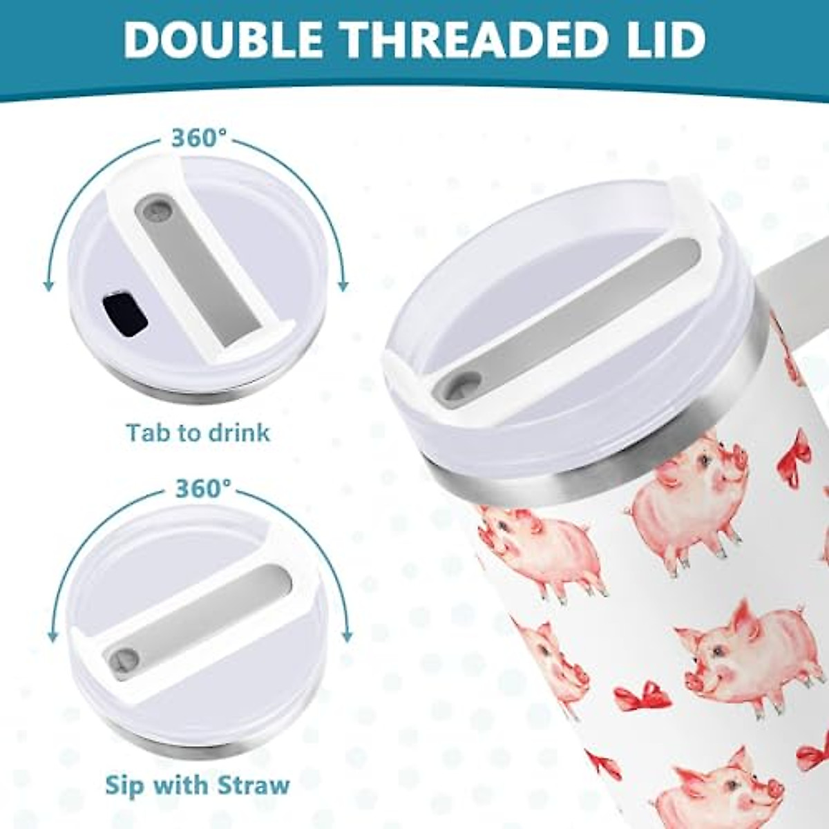 Bseiialft 40 oz Tumbler with Handle Cute Pig Bows Water Bottle with Lid and Straw Vacuum Insulated Cup Stainless Steel Travel Coffee Mug for Home Office Car