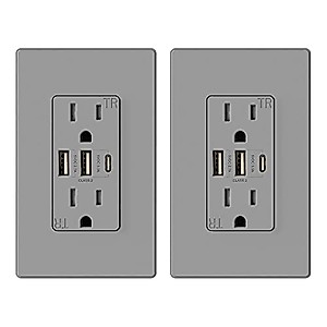 ELEGRP 30W 6.0 Amp 3 Port USB Wall Outlet, 15 Amp Receptacle with USB C USB A Ports, USB Charger for iPhone/iPad/Samsung/LG/HTC/Android Devices, UL Listed, w/Wall Plate, 1 Pack, Matte Gray