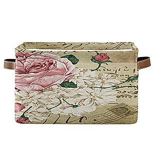 ALAZA Decorative Basket Rectangular Storage Bin, Vintage Shabby Chic Pink Rose Floral Organizer Basket with Leather Handles for Home Office