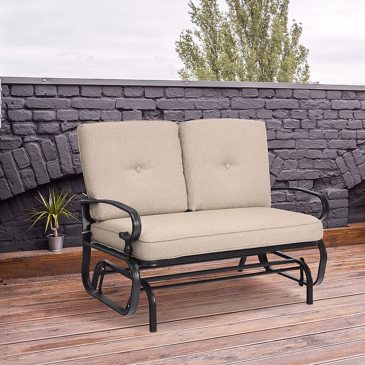 HAPPYGRILL Outdoor Swing Glider Bench Patio Loveseat Glider with Comfortable Cushions, 2 Persons Rocking Glider Chair for Porch Balcony Garden Poolside