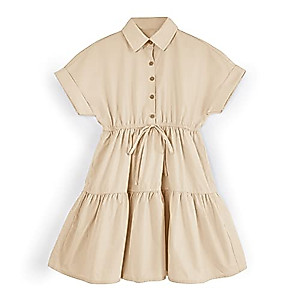 Auburet Easter Dresses for Girls Button Up Tiered Ruffle V Neck Collar Pleated Waist Cute Midi Dresses 5-18 Years Kids Beige