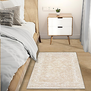 Aoyaomi Moroccan Area Rug 2x3 - Washable Distressed Entryway Rug Non-Slip Small Rug, Soft Low-Pile Geometric Farmhouse Indoor Door Mat Floor Carpet for Entrance Bedroom Kitchen Bathroom (2 x 3, Beige)