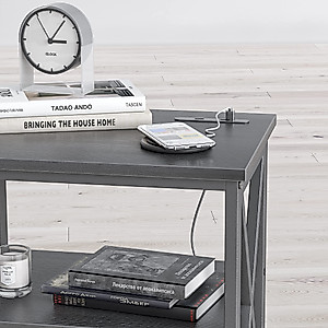 CubiCubi Oxford Side Table, Dual USB Charging Ports End Table, Nightstand Steel Frame, Home Decorative for Living Room Bedroom, Wooden Shelves and Rustic Style, Black