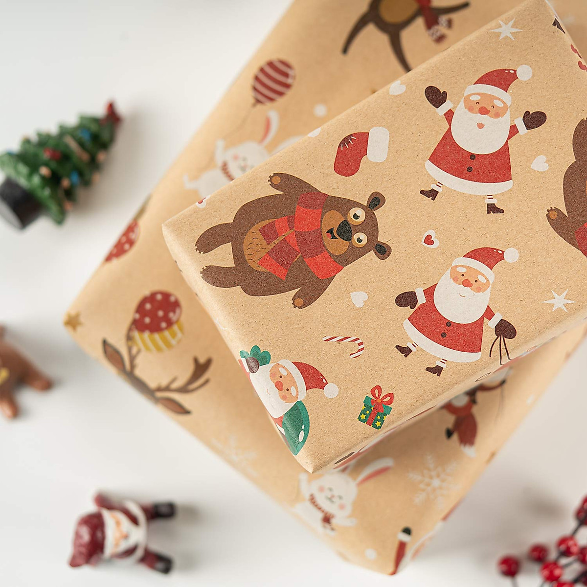 RUSPEPA Christmas Kraft Wrapping Paper Santa Claus Xmas Theme Elements Great for Christmas, Birthdays, Holiday, Baby Shower - 6 Sheets Packed as 1 roll - 17.5 x 30 inches per Sheet