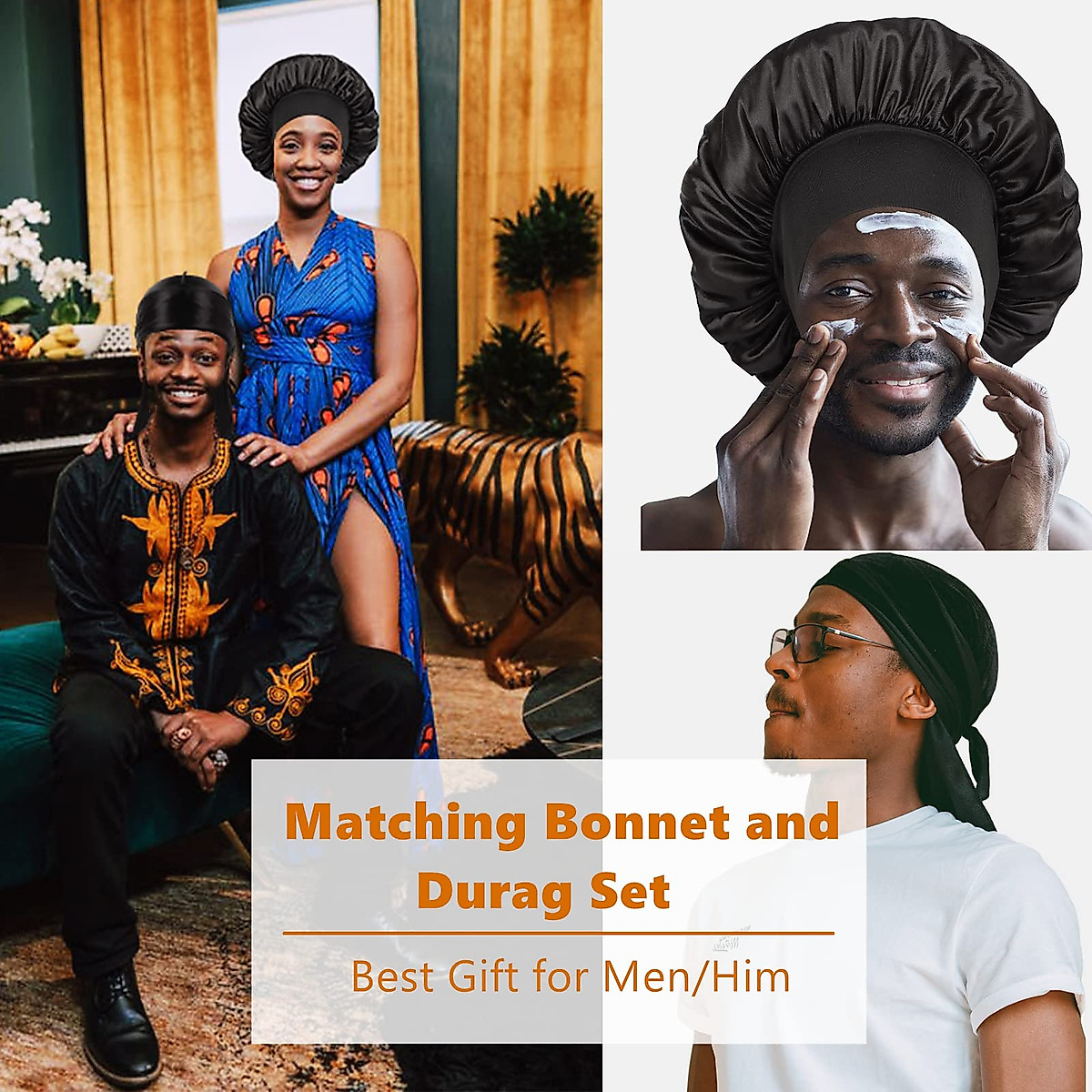 Bonnet for Men,Silk Bonnet for Men for Sleeping,Matching Durag and Bonnets Set for Couples,Mens Bonnet for Curly Hair,Braids,Pack A