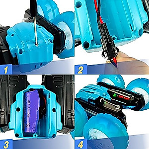 Obsiusfb RC Stunt Car for Kids with Wheel Lights and Headlights, 2.4GHz Double Sided 360° Rotating RC Car, High Speed Rechargeable Remote Control Crawler for Boys & Girls (Blue)