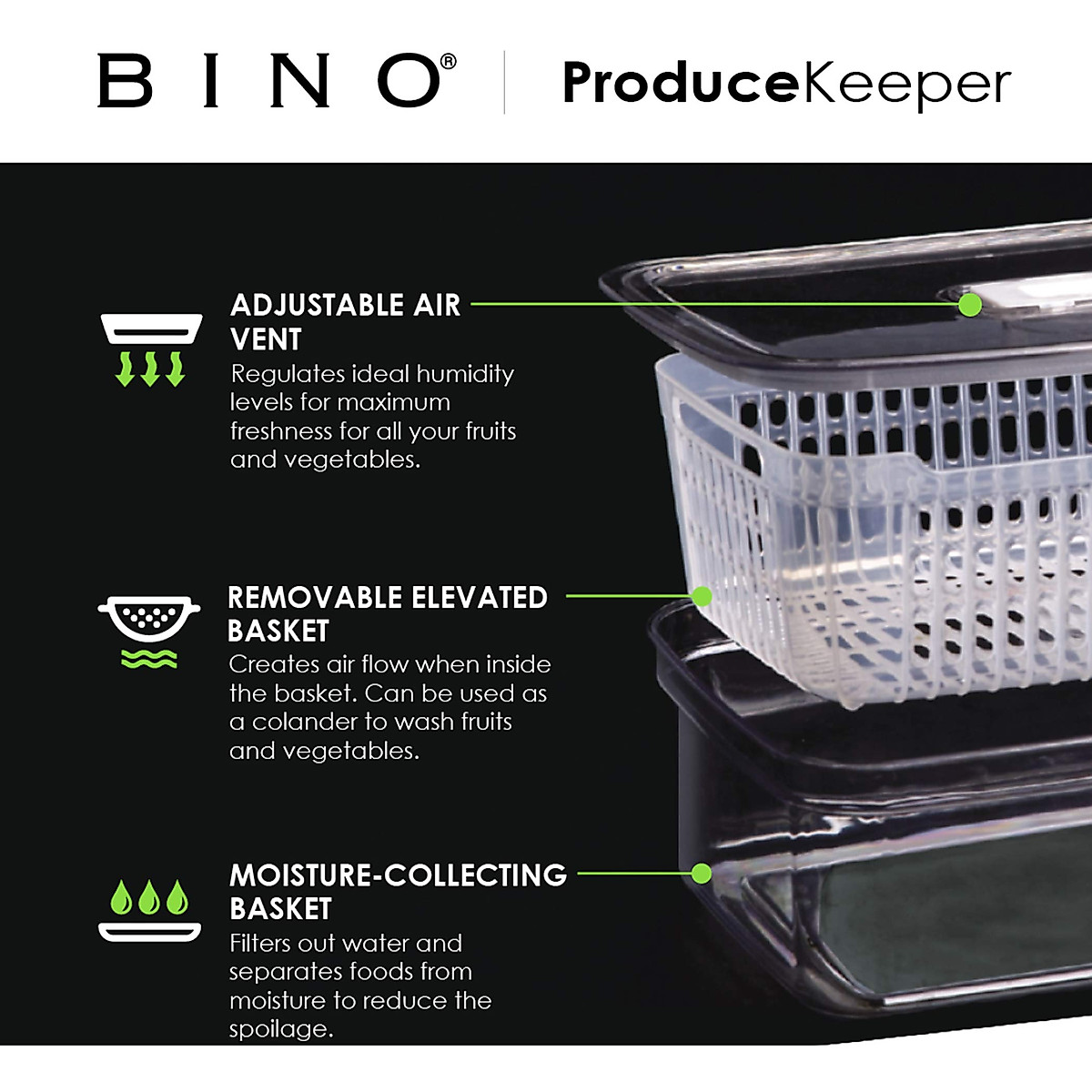 BINO | Produce Saver - 15.2 Cup/3.6L | Fridge Storage Containers for Fruits and Vegetables | Vegetable Storage with Adjustable Air Vent, Removable Basket | BPA-Free Fridge Organizers and Storage
