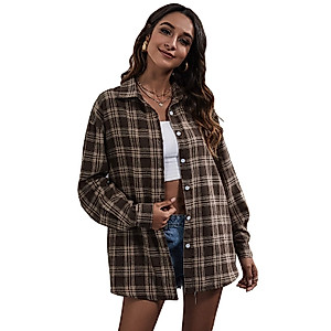 SweatyRocks Women's Long Sleeve Collar Long Button Down Plaid Shirt Blouse Tops Plaid Brown M