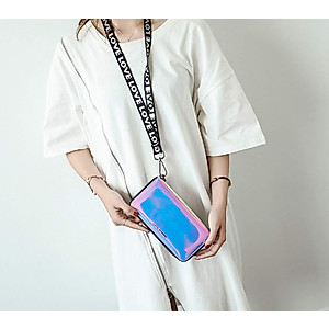 Marchome Holographic Clutch Wallet Iridescent Cellphone Handbag with Removable Lanyard (Blue, One Neck Lanyard)