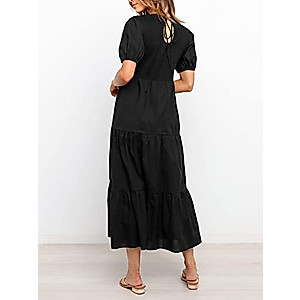 ZESICA Women's 2023 Casual Summer Crew Neck Short Puff Sleeve Smocked High Waist Ruffle Tiered A Line Midi Dress,Black,Medium