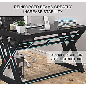 NA Tempered Glass Computer Desk with X-Shaped Metal Frame, Fashion Modern Design Writing and Study Desk, Work Desk for Home Office (55.1 inch)