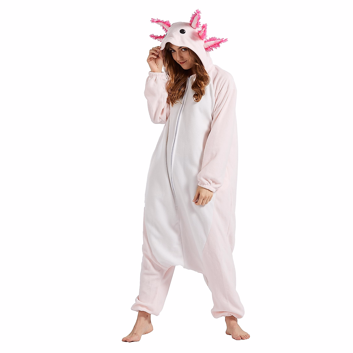 DELEY Unisex Axolotl Onesie, Adult Animal Cosplay Costume Plush Homewear Sleepwear Jumpsuit Pink Axolotl Pajamas