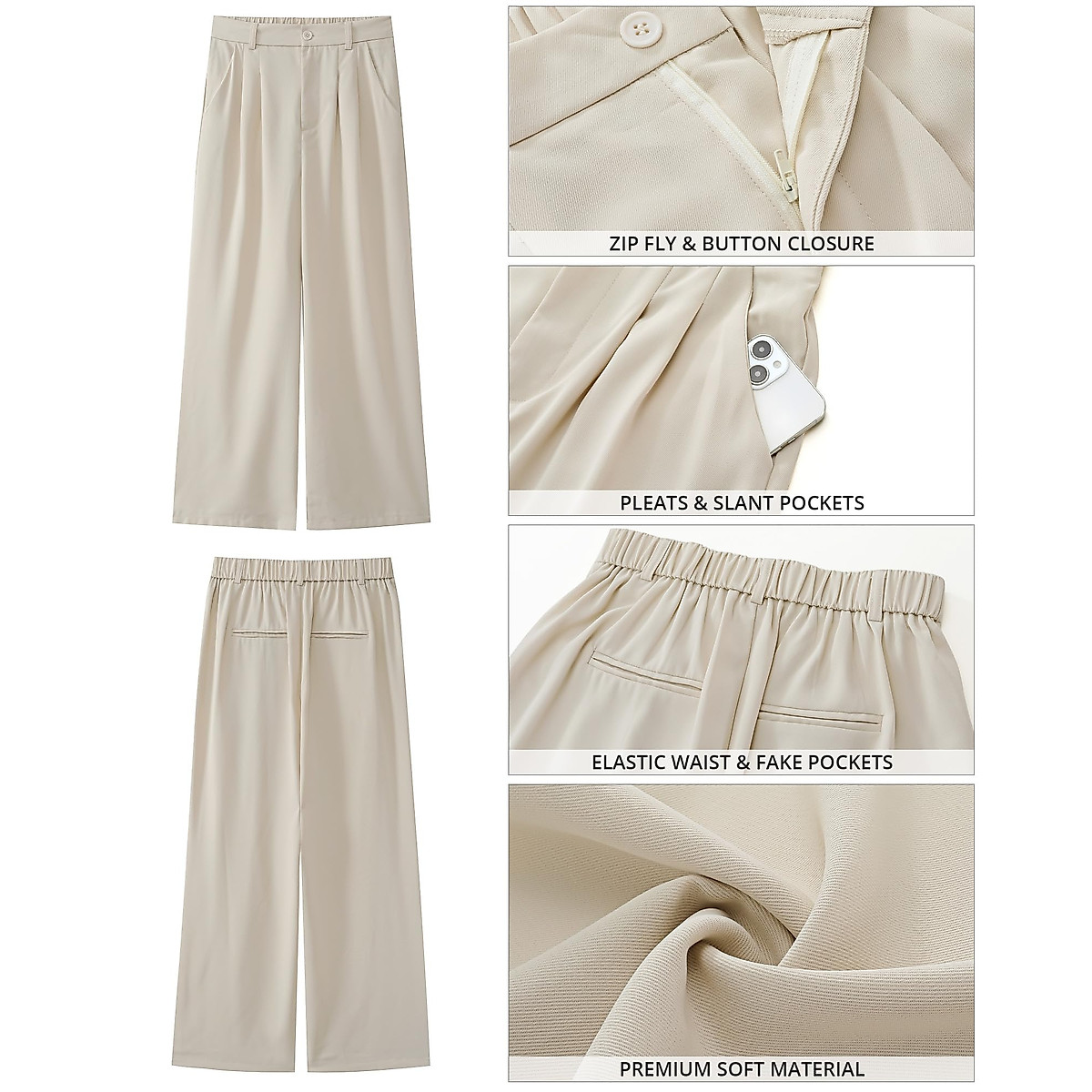 GRAPENT Fall Women's Stretchy Work Pants - White High Waisted Palazzo Slacks - Size 8, 10