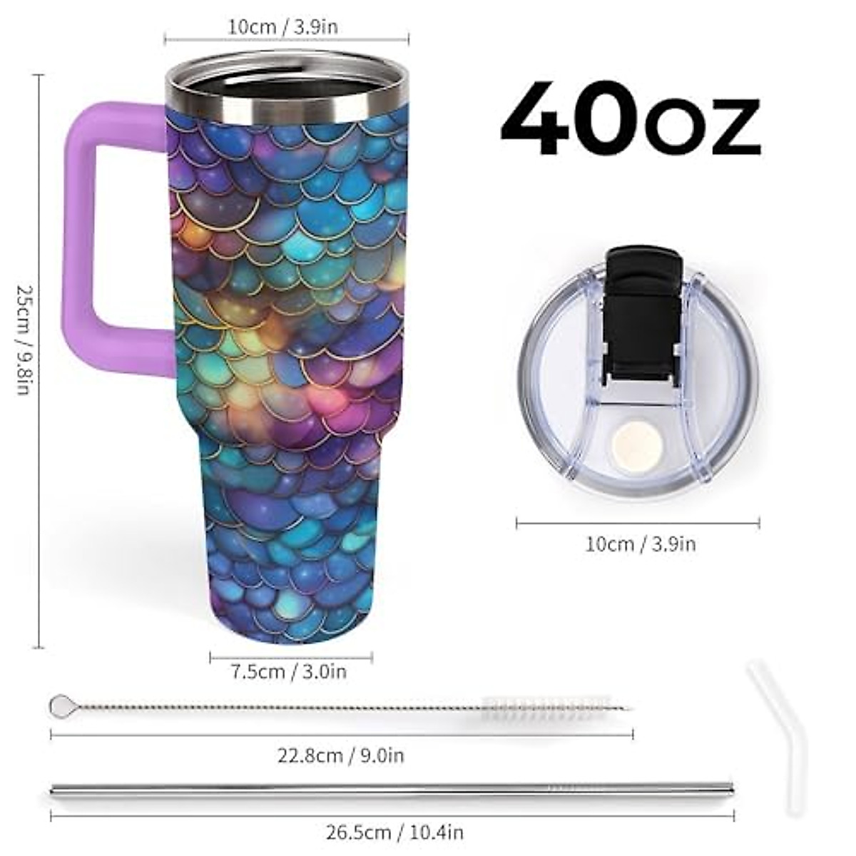 Mermaidess Dragon Scales 40 Oz Car Cup Stainless Steel Travel Mug Leak-Proof Insulated Tumbler with Handle Violet-style