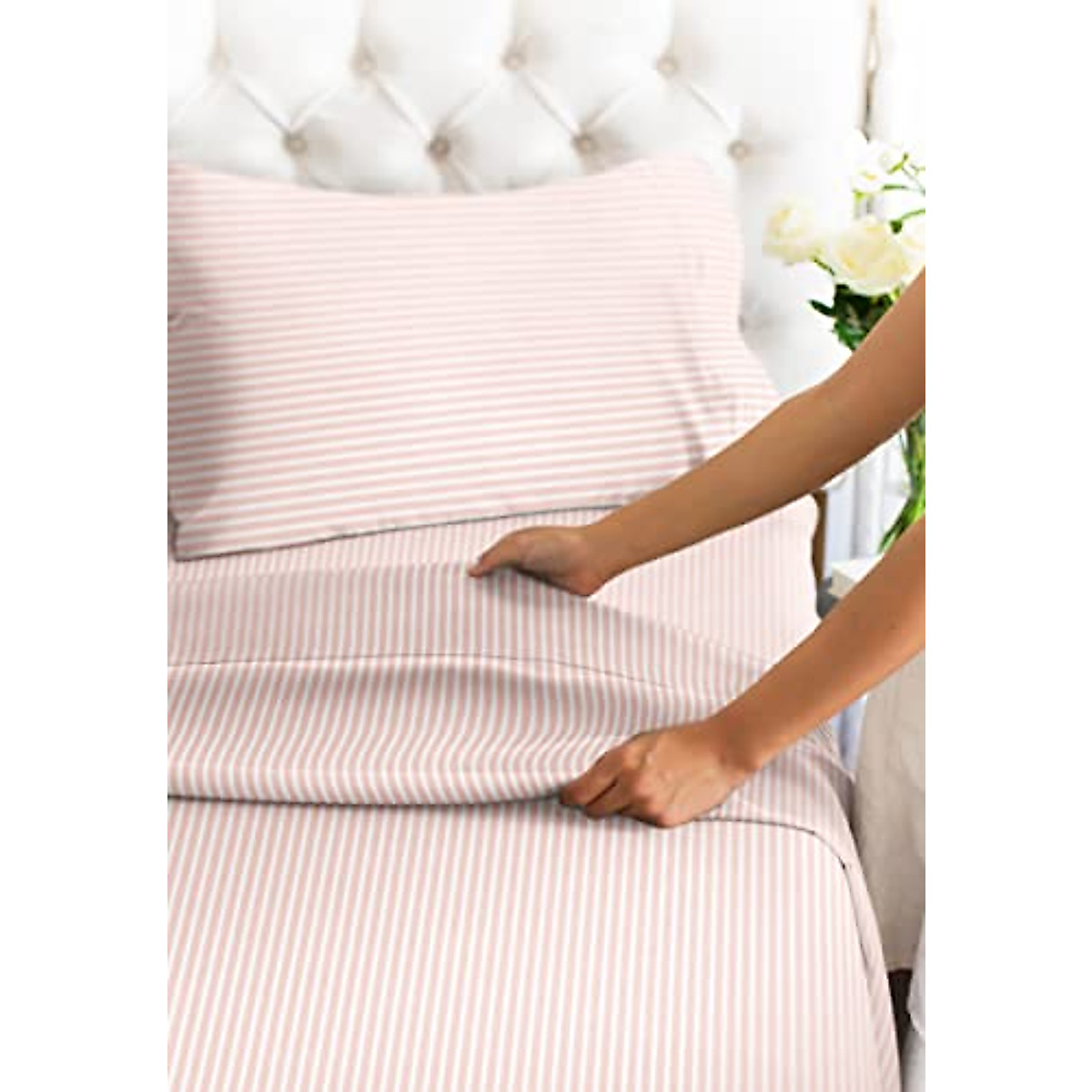 Striped Bed Sheets - Pin Stripe Sheets - Blush Pink Sheets - Pink & White Stripe Sheets - Queen Striped Sheets - Hotel Luxury Bed Sheets - Deep Pockets - Easy Fit - Breathable & Cooling Sheets