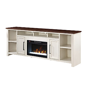 Bridgevine Home Modern 85 Inch Electric Fireplace TV Console. Accommodates TVs up to 95 inches. Fully Assembled. Poplar Solids and Okume Veneers. Jasmine Whitewash and Whiskey Finish.