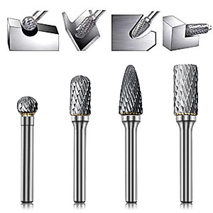 Carbide Burr Set, 1/4" Shank Die Grinder Bits, Tungsten Rotary Tool Bits Double Cut Rasp Files for Metal Weld Wood Stone Concrete Grinding Deburring Trimming Polishing Cutting, 8-pc in Sturdy Case