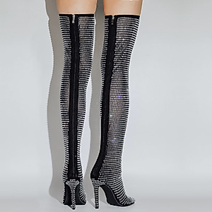 sexytag Women's RhinestoneThing High Boots Sparkly Diamante Pointed Toe Back Zipper Stiletto Heels Stretch Stocking Glitter Sexy Over The Knee Mesh Socks Boots Black Size 7.5