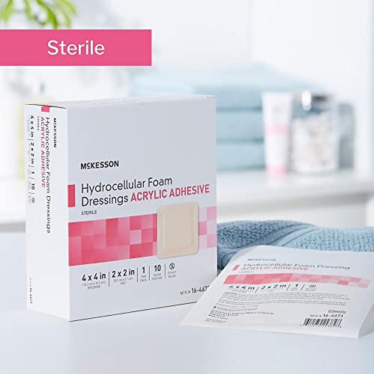 McKesson Hydrocellular Foam Dressings, Sterile, Acrylic Adhesive with Border, 4 in x 4 in, 10 Count, 1 Pack