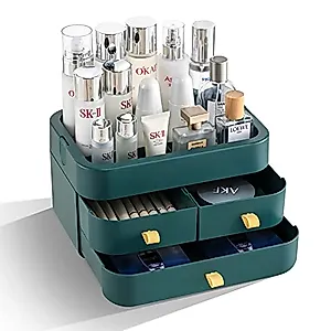 Makeup Organzier with Drawers for Vanity, Cosmetic Organizer Countertop, Cosmetic Display Cases, Desk Organizer with 3 Drawer for Skincare Organizer and Storage, Make up Storage Organizer, Green