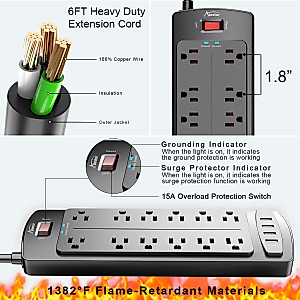 Power Strip, ALESTOR Surge Protector with 12 Outlets and 4 USB Ports, 6 Feet Extension Cord (1875W/15A), 2700 Joules, ETL Listed, Black