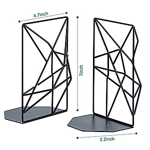 SRIWATANA Bookends Black, Decorative Metal Book Ends Supports for Shelves, Unique Geometric Design(1 Pair/2 Pieces)