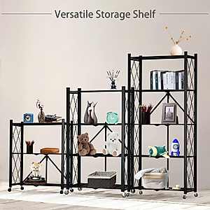 Yuanjimi 3 Tier Foldable Storage Shelf with Wheels, Heavy Duty Garage Shelving Unit Loads 550 LBS, Metal Steel Collapsible Shelves, Rolling Standing Utility Rack for Kitchen, Pantry, Office, Black