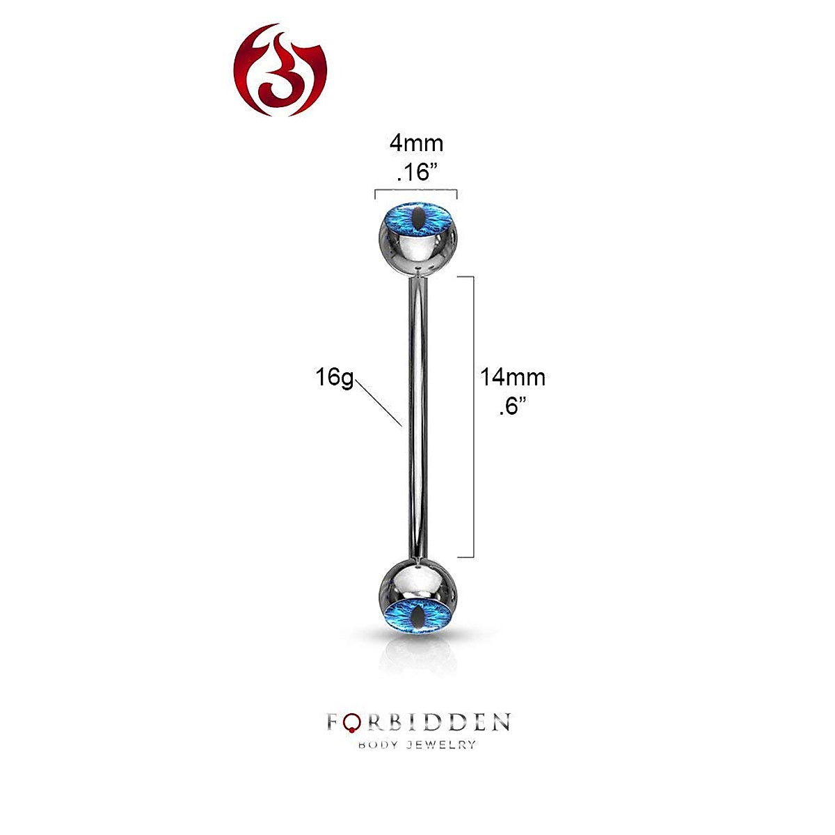 Forbidden Body Jewelry 14mm Surgical Steel Curved Barbell w/Snake Eye Inlaid Ball Ends for Snake Eyes Tongue Piercing, Blue