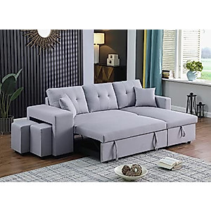 BIADNBZ Convertible Sleeper Sectional Sofa with Reversible Storage Chaise, Modern Linen Fabric L-Shaped Pull Out Couch w/2 Stools,for Living Room Apartment, Light Gray