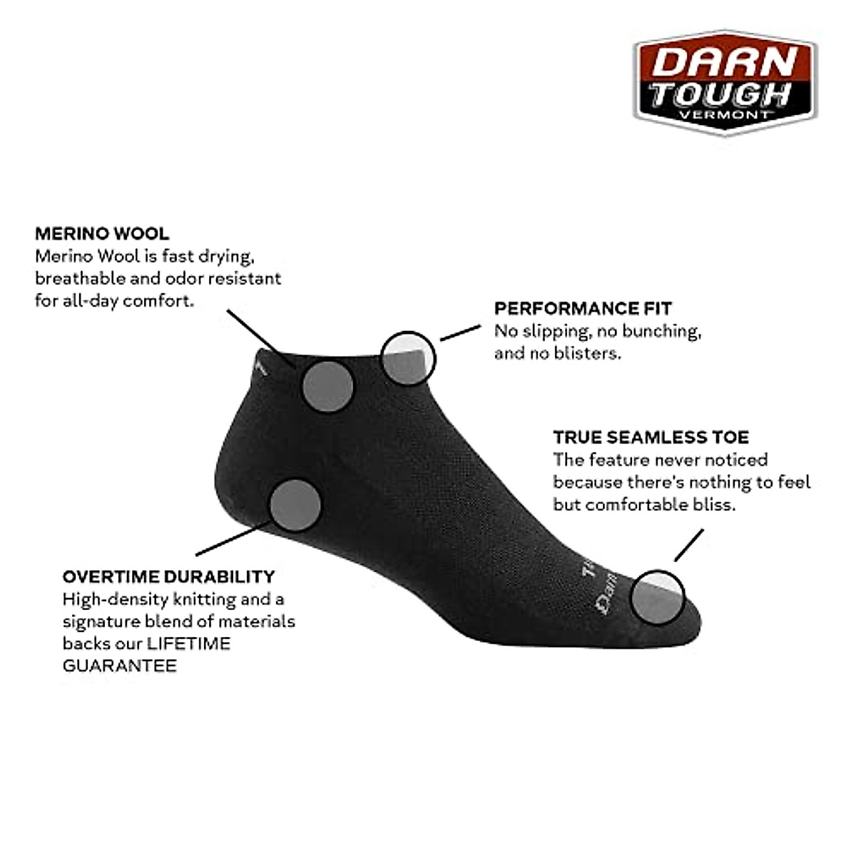 Darn Tough Tactical No Show Light Socks (T4037) Unisex – (Black, Large)
