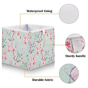 Kigai Pink Flowers Cube Storage Bins - 11x11x11 in Large Foldable Cubes Organizer Storage Basket for Home Office, Nursery, Shelf, Closet