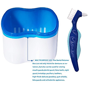 Denture Case,Denture Cups Bath, Toothbrush with hard denture, Dentures Container with Basket Denture Holder for Travel,Mouth Guard Night Gum Retainer Container (Blue)