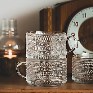 Mfacoy Vintage Coffee Mugs Set of 2, 14 oz Glass Coffee Tea Cups with Handle, Clear Embossed Glass Cups, Tea Cups, Glass Coffee Cups for Cappuccino, Latte, Cereal, Yogurt, Milk, Hot or Cold Beverages